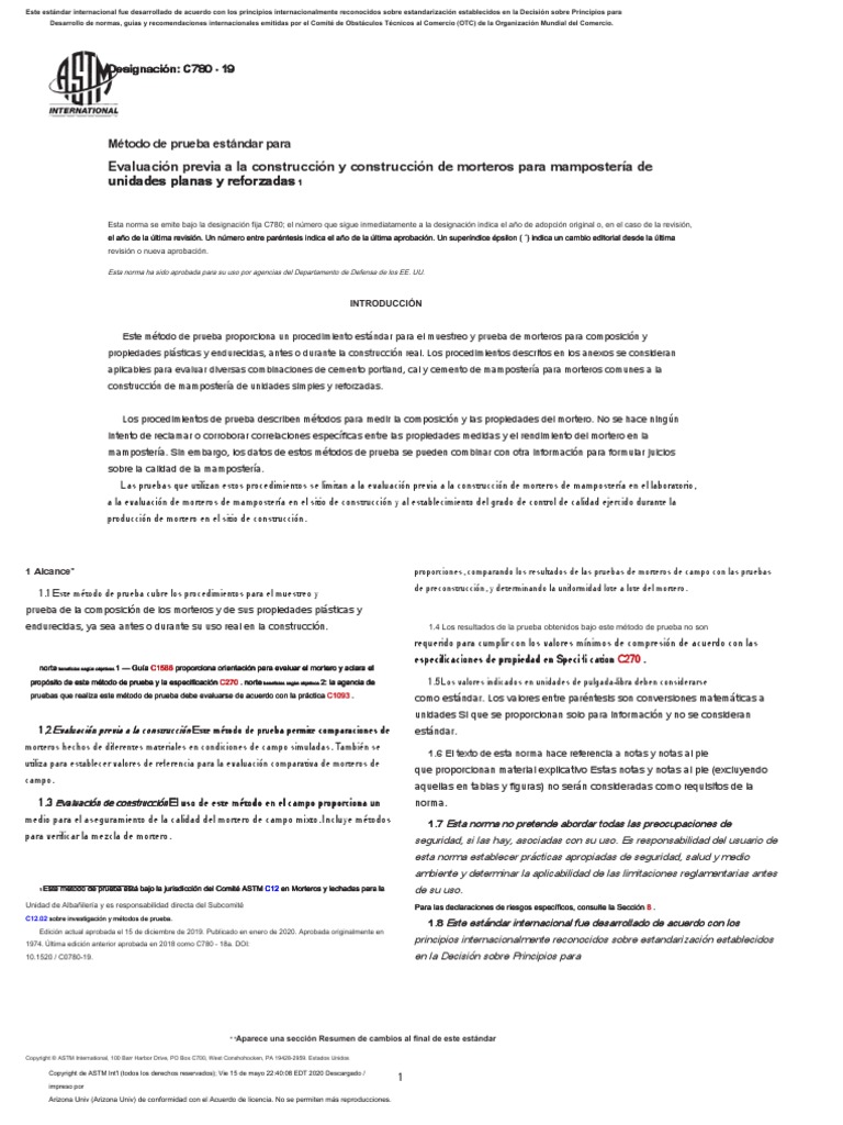 Astm C-780.6367 | PDF | Hormigón | Mortero (Albañilería)