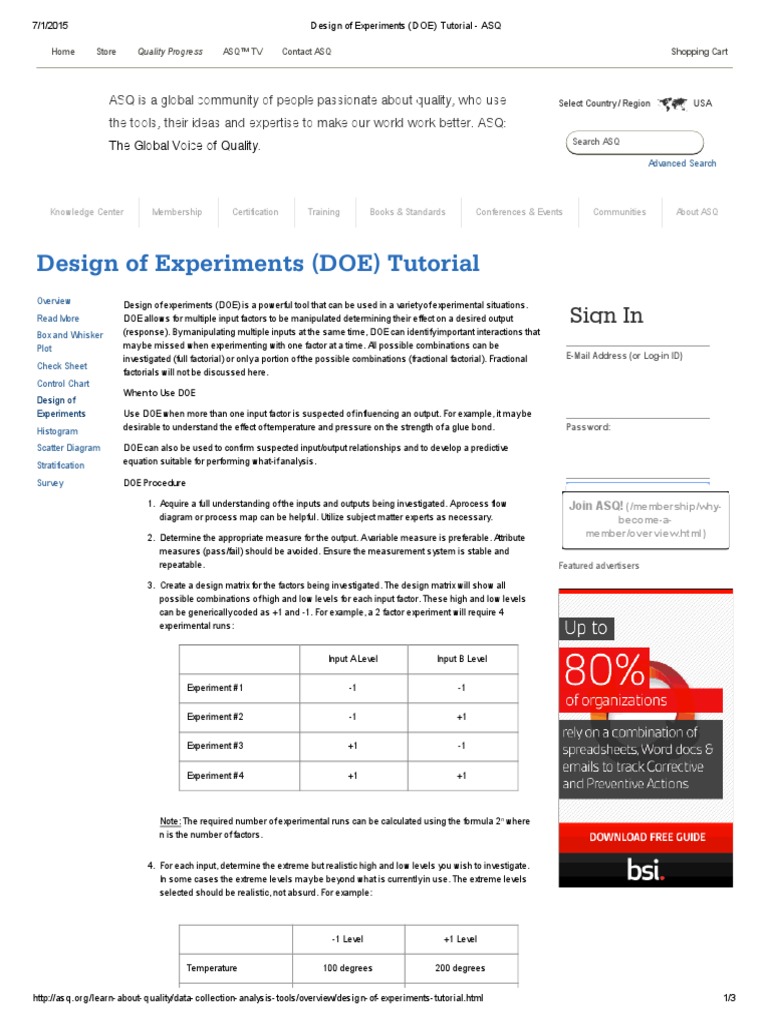 Design of Experiments (DOE) Tutorial - ASQ | PDF | Design Of ...