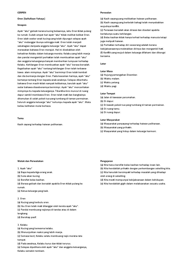 Nota Cerpen Oren | PDF