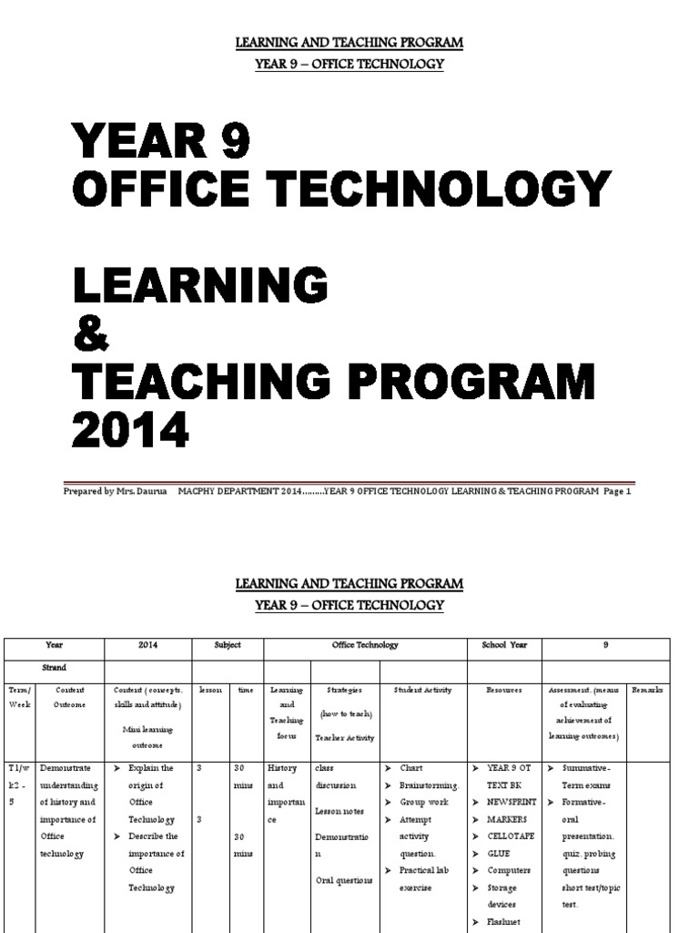 Learning and Teaching Program Year 9 - Office Technology | PDF ...