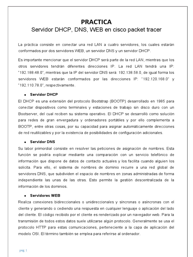 Practica Servidor DHCP, DNS, WEB en Cisco Packet Tracer 2020 | PDF | Enrutador (Computación ...