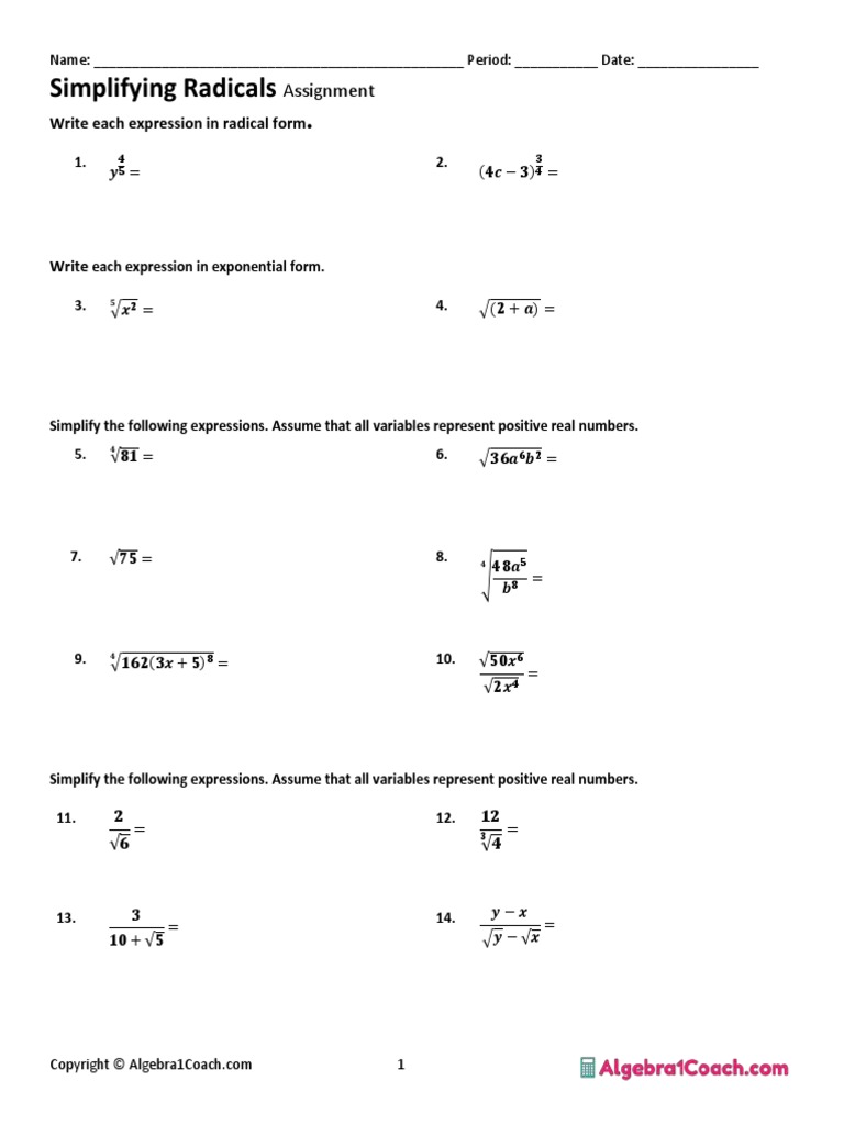 10 2 Assignment Simplifying Radicals | PDF | Algebra | Teaching Mathematics