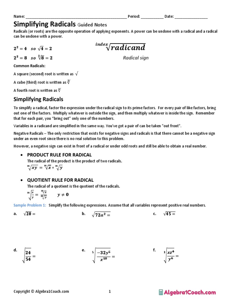 10 2 Guide Notes SE Simplifying Radicals | Download Free PDF | Fraction ...