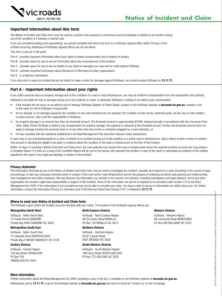 VICROADS - 269 - STU - 01760 Notice of Incident and Claim Form UPDATE ...