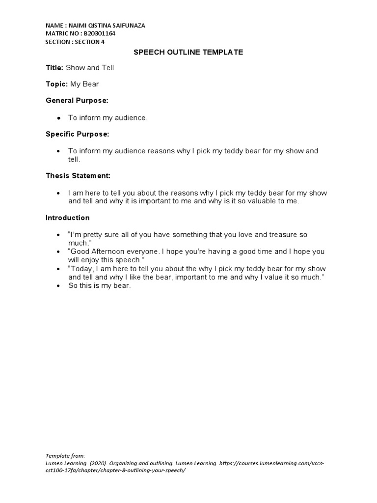 My Show and Tell (Speech Outline) | PDF