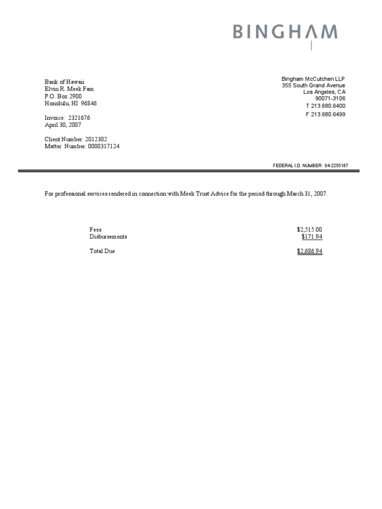 bank of Hawaii billing from Attorney | Internal Revenue Service | Wire ...