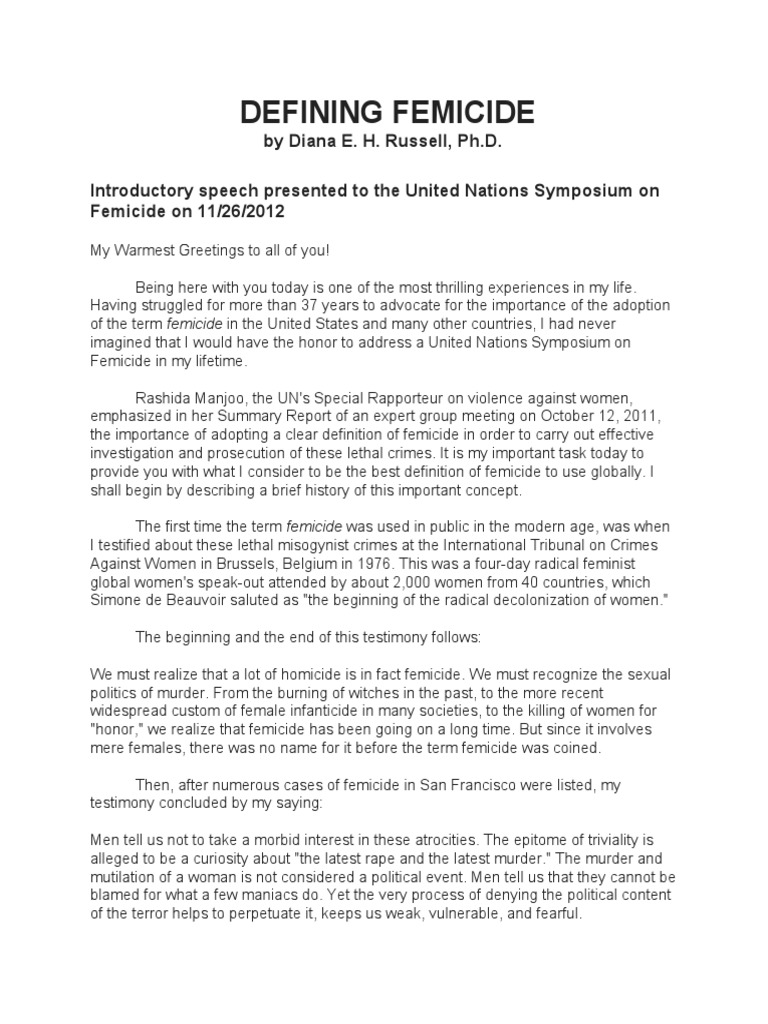Defining Femicide - United Nations Speech by Diana E. H. Russell PH.D ...