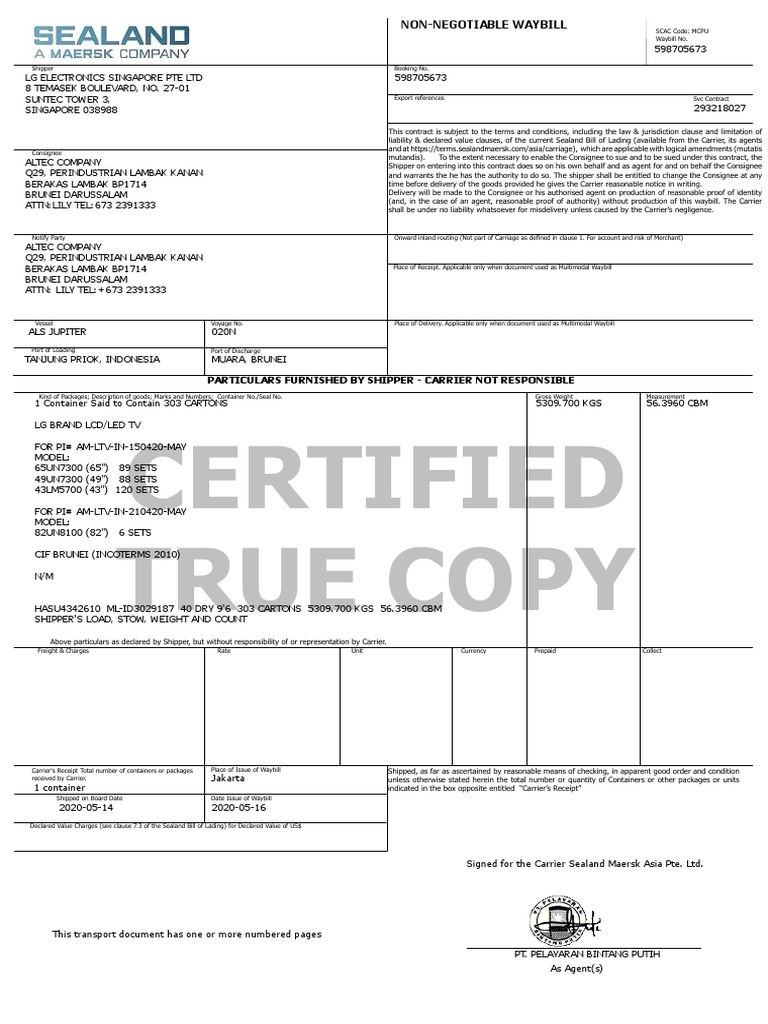 Certified True Copy: Particulars Furnished by Shipper - Carrier Not ...