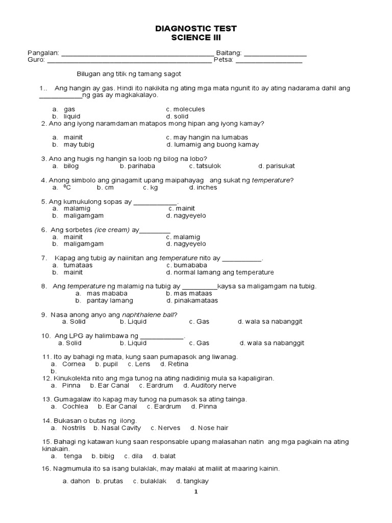 DIAGNOSTIC TEST Grade 3 | PDF
