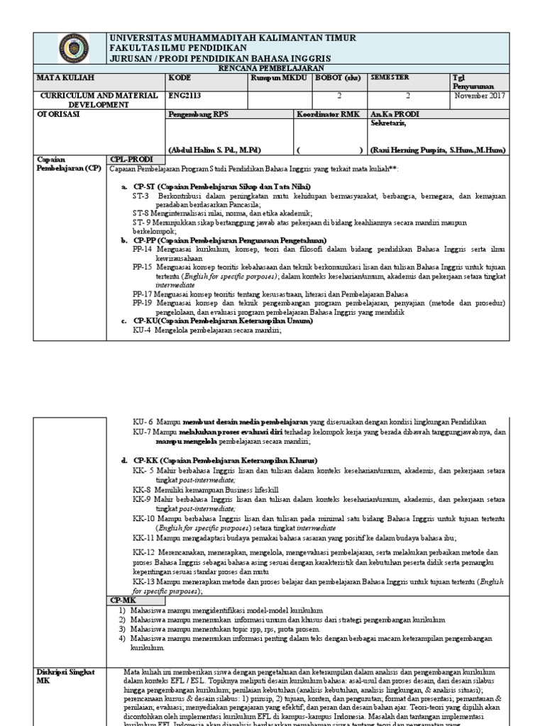 RPS Curriculum N Material Development - Ok | PDF | Seni & Disiplin Bahasa