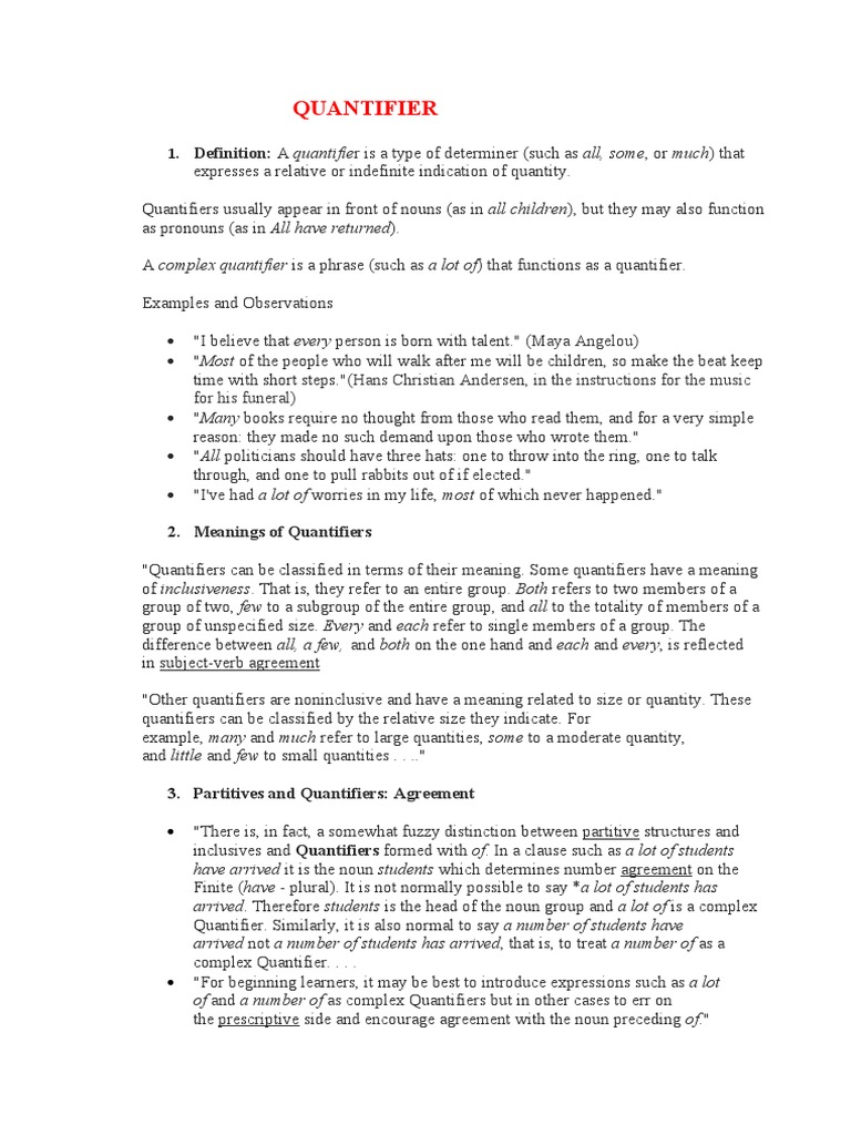Quantifier: Definition: A Quantifier Is A Type of Determiner (Such As All, Some, or Much) That ...