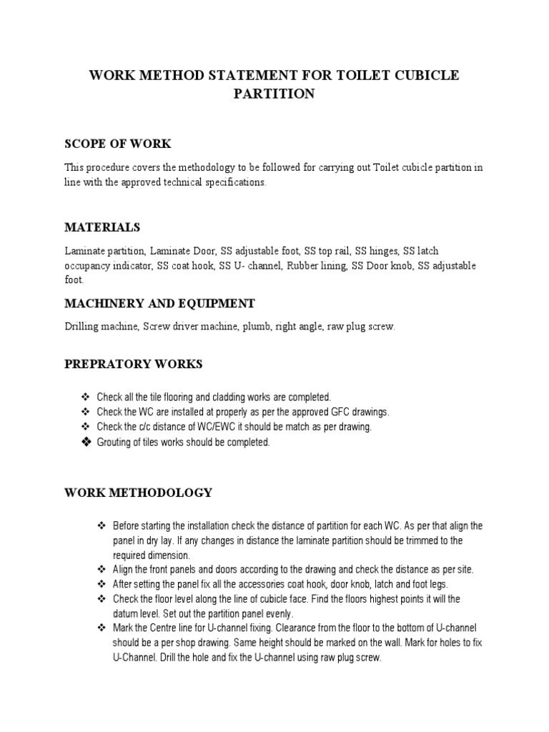 Work Method Statement For Toilet Cubicle | PDF | Door | Screw