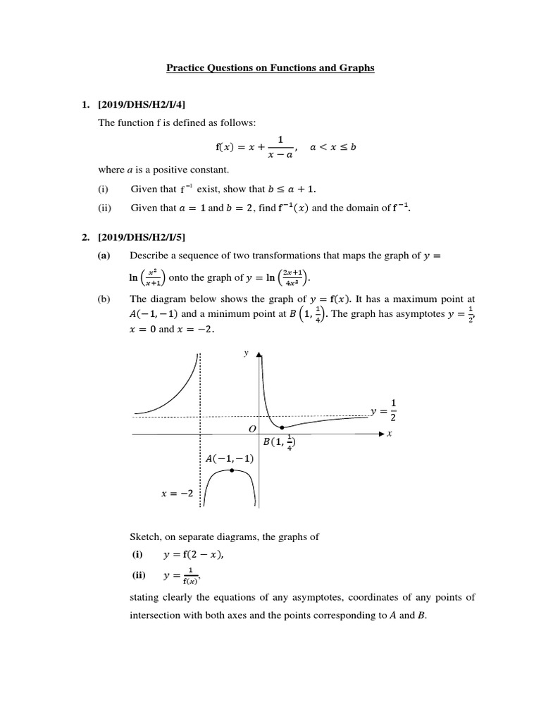 Practice Questions On Functions And Graphs Pdf Asymptote Function