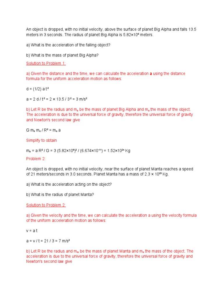 Gravity Problems With Solutions and Explanations | PDF | Acceleration ...
