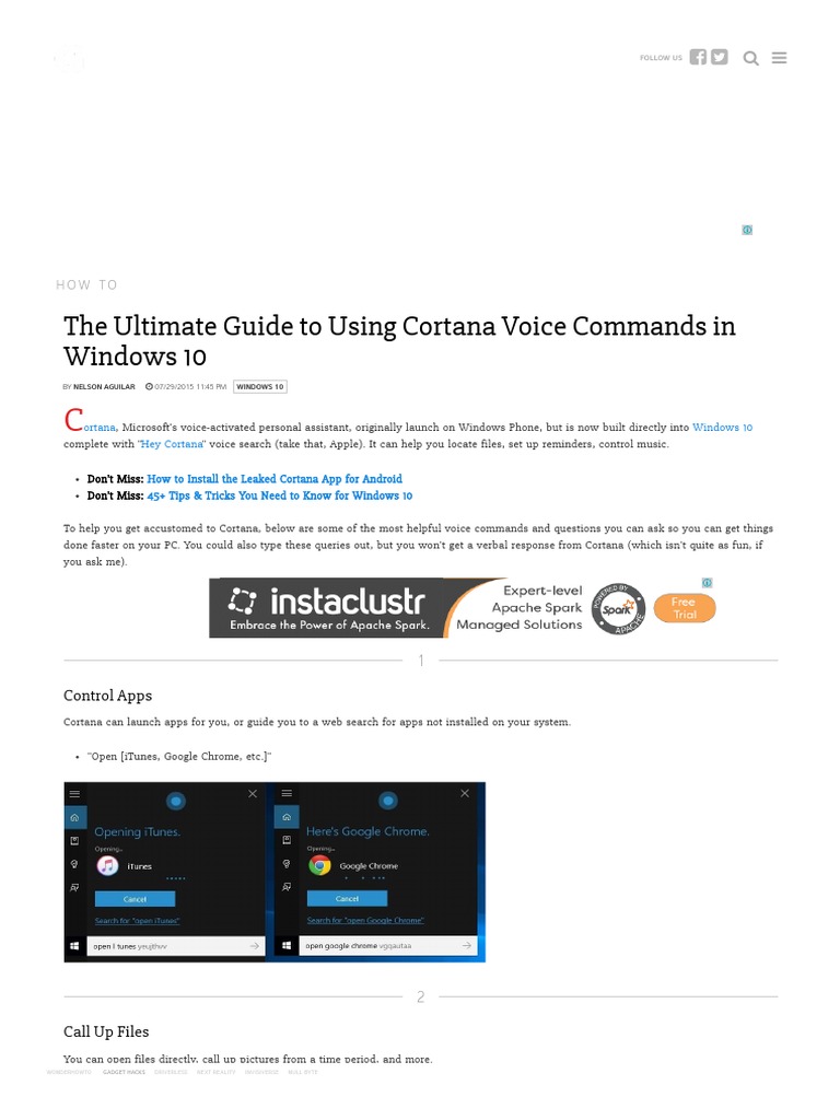 Cortana Voice Commands in Windows 10 Windows Tips | PDF | Windows 10 ...