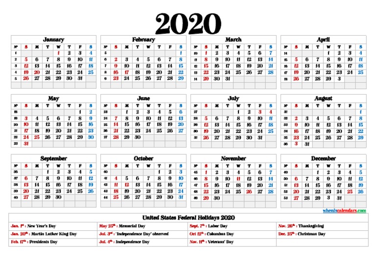 Free Printable 2020 Yearly Calendar With Holidays | PDF