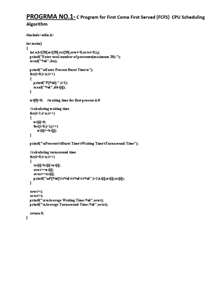 Progrma No.1-: C Program For First Come First Served (FCFS) CPU ...