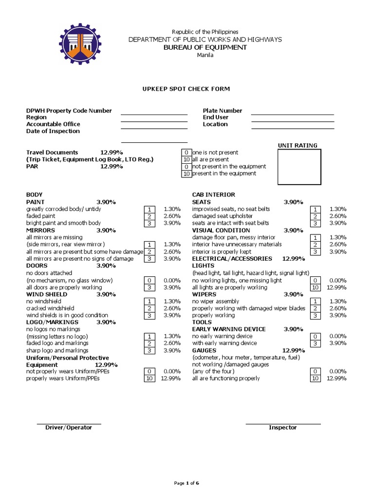 Upkeep Spot Check Form | Download Free PDF | Wheeled Vehicles | Car