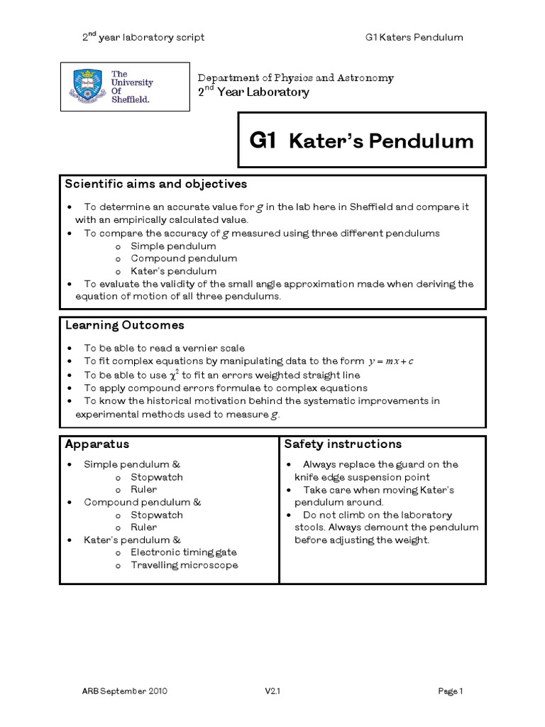 Kater's Pendulum: Scientific Aims and Objectives | PDF | Pendulum | Rotation Around A Fixed Axis