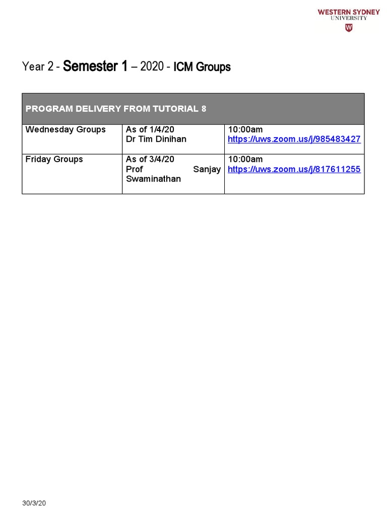 Year 2 ICM Groups - Zoom Schedule | PDF