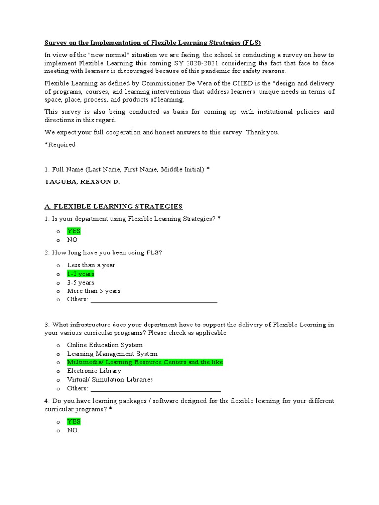 Survey On The Implementation of Flexible Learning Strategies (FLS) | PDF | Educational ...