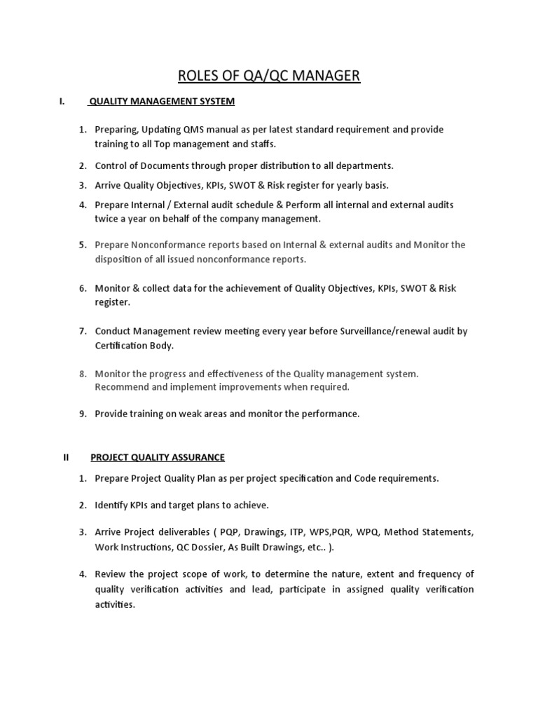 Roles of QA QC Manager | PDF | Quality Assurance | Audit