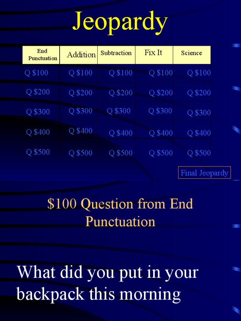 Jeopardy: Addition Fix It | PDF | Punctuation | Orthography