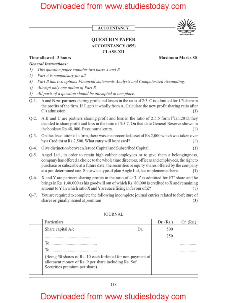 CBSE Class 12 Accountancy Sample Paper 2018 | PDF | Book Value ...