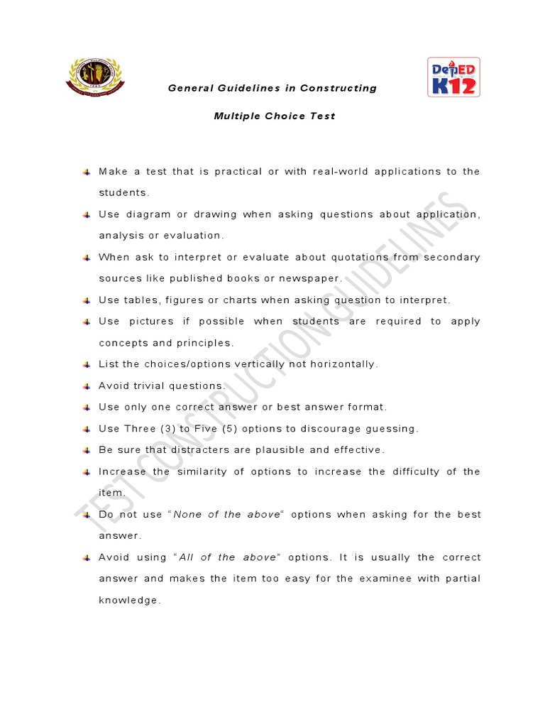 Guidelines for Constructing Tests | PDF | Multiple Choice | Question