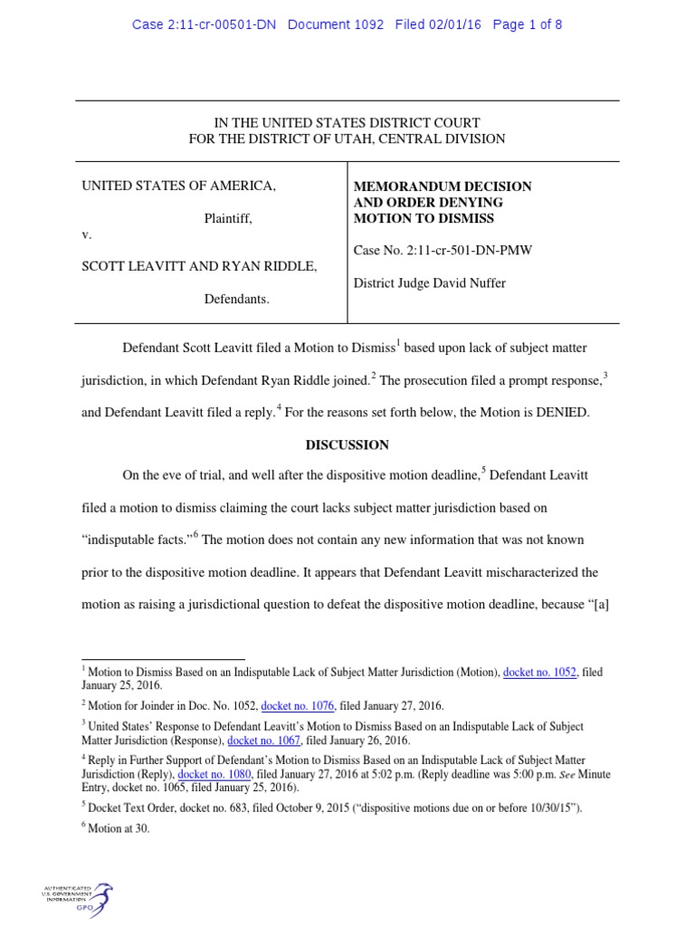 Memorandum Decision and Order Denying Motion To Dismiss: Docket No. 1052 | PDF | Fraud | Indictment