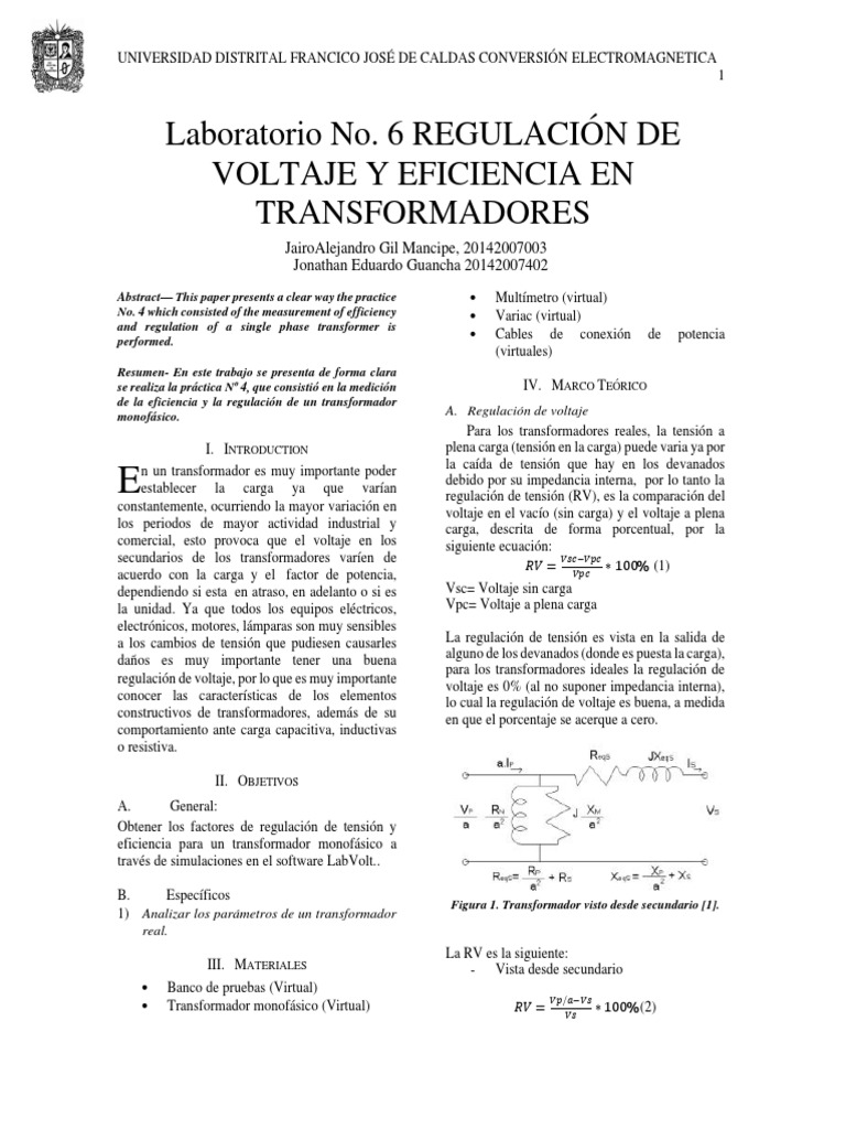 Regulacion y Eficiencia | PDF | Transformador | voltaje