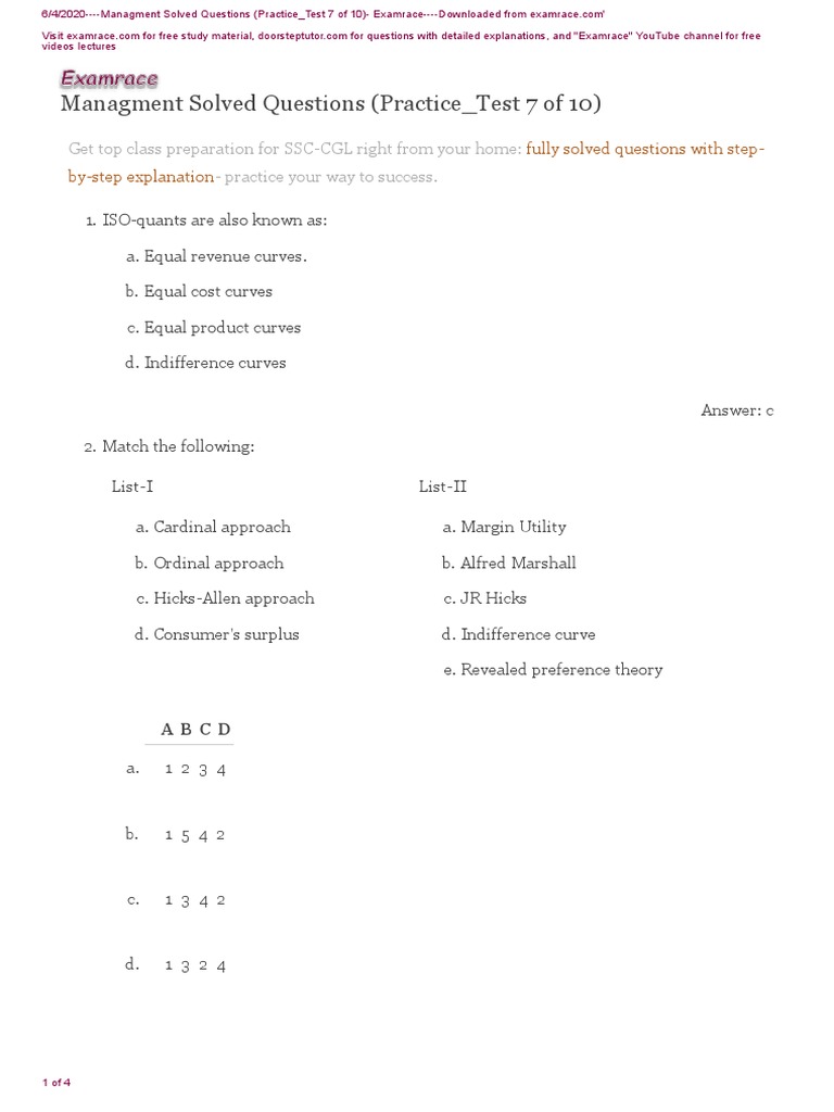 Managment Solved Questions Practice Test 7 | PDF | Utility | Microeconomics