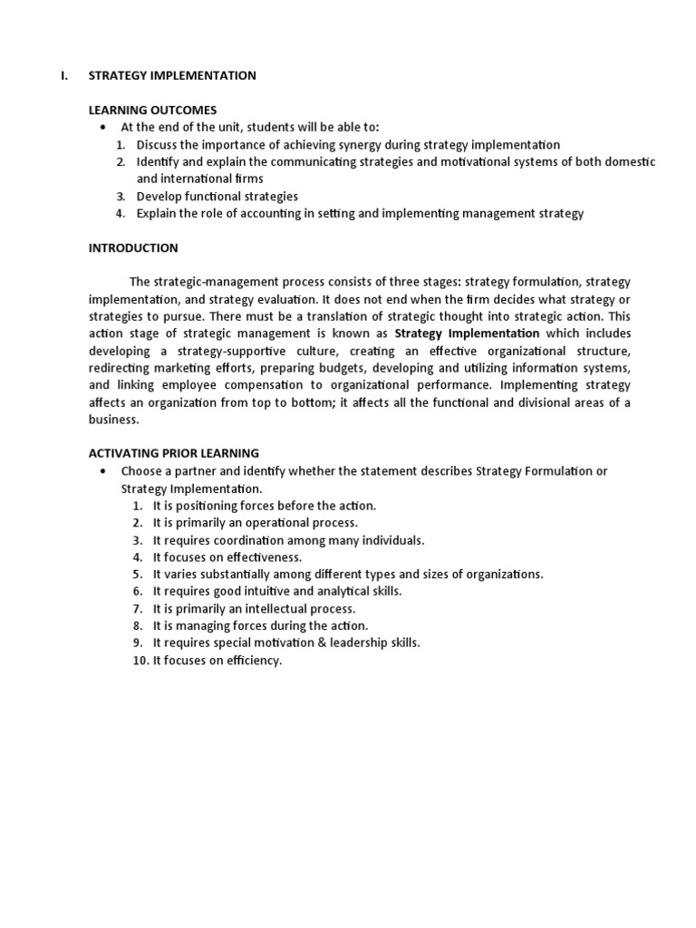 MODULE-BA63 (Strategy Implementation) | PDF | Leadership | Strategic ...