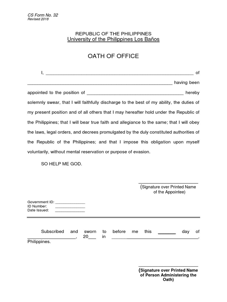 CS Form No. 32 Oath of Office S. 2018 | PDF