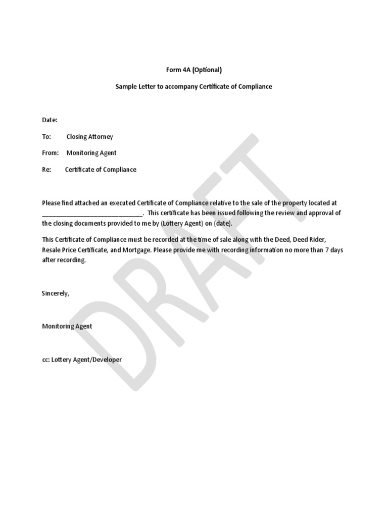 Form 4A (Optional) Sample Letter To Accompany Certificate of Compliance ...