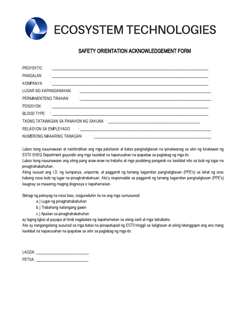 Acknowledgement Form - Safety Orientation | PDF