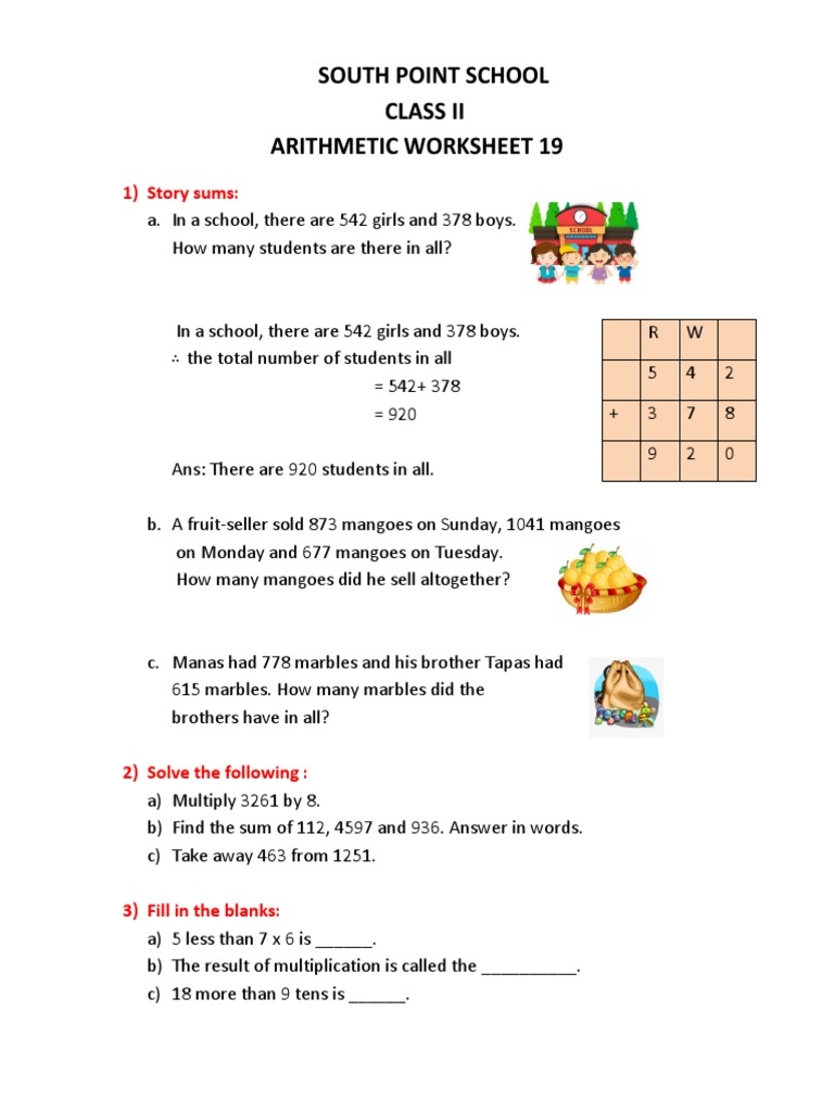 South Point School Class Ii Arithmetic Worksheet 19: 1) Story Sums ...
