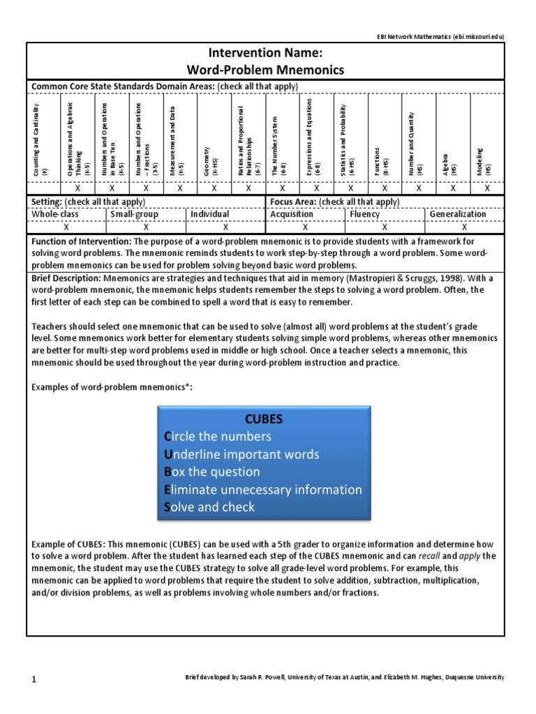 Understanding Word Problem Mnemonics: A Framework for Solving Word ...