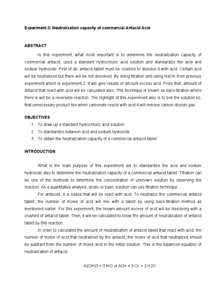 Experiment 3: Neutralization Capacity of Commercial Antacid Acid | PDF ...