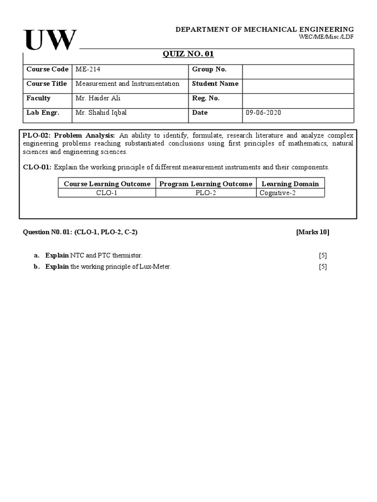 Quiz No. 01: Question N0. 01: (CLO-1, PLO-2, C-2) (Marks 10) | PDF