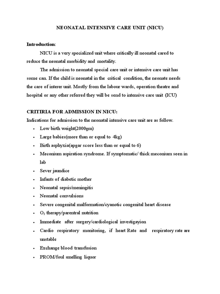 NICU Admission Criteria and Protocols | PDF | Neonatal Intensive Care ...