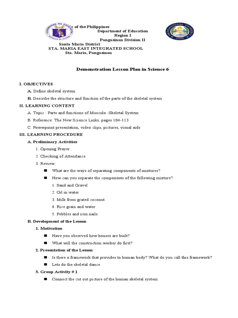 Demonstration Lesson Plan in Science 6 | PDF | Skeleton | Bone