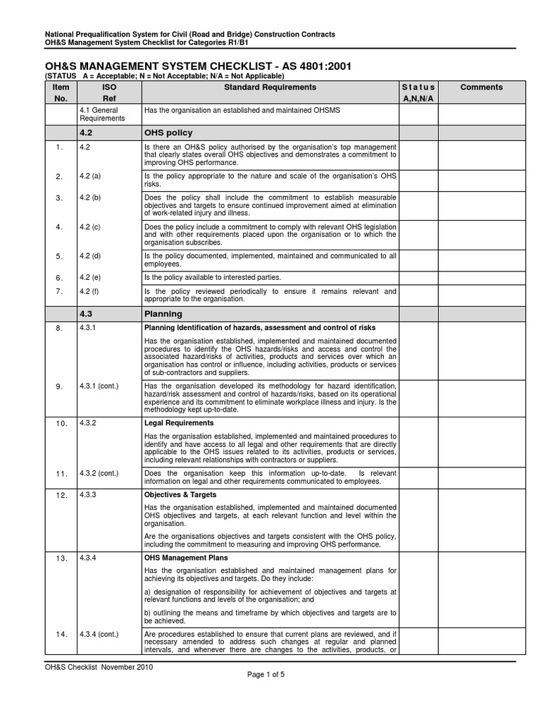 Oh&S Management System Checklist - As 4801:2001: 4.2 OHS Policy | PDF | Occupational Safety And ...