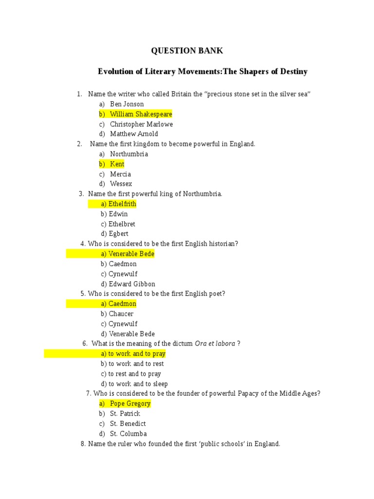Question Bank Evolution of Literary Movements:The Shapers of Destiny ...