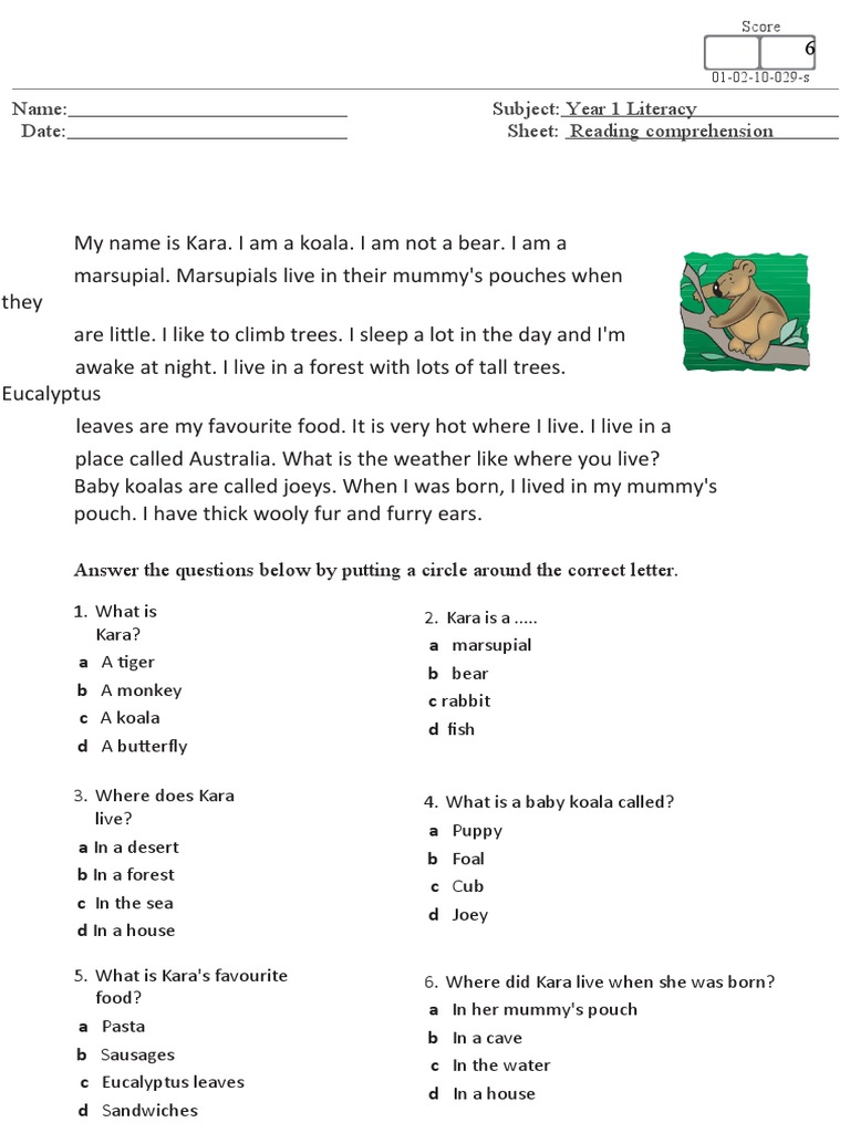 Reading Comprehension A Koala Called Kara Reading Comprehension ...
