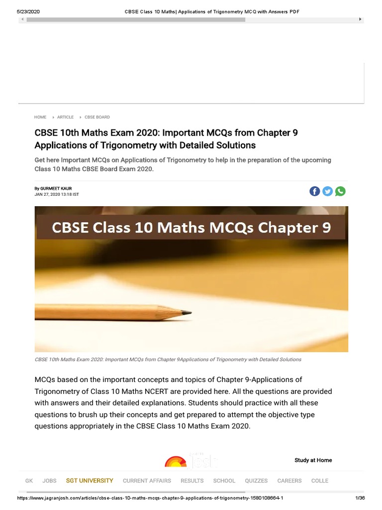 CBSE Class 10 Maths - Chapter 9 Applications of Trigonometry MCQ With Answers PDF | PDF ...