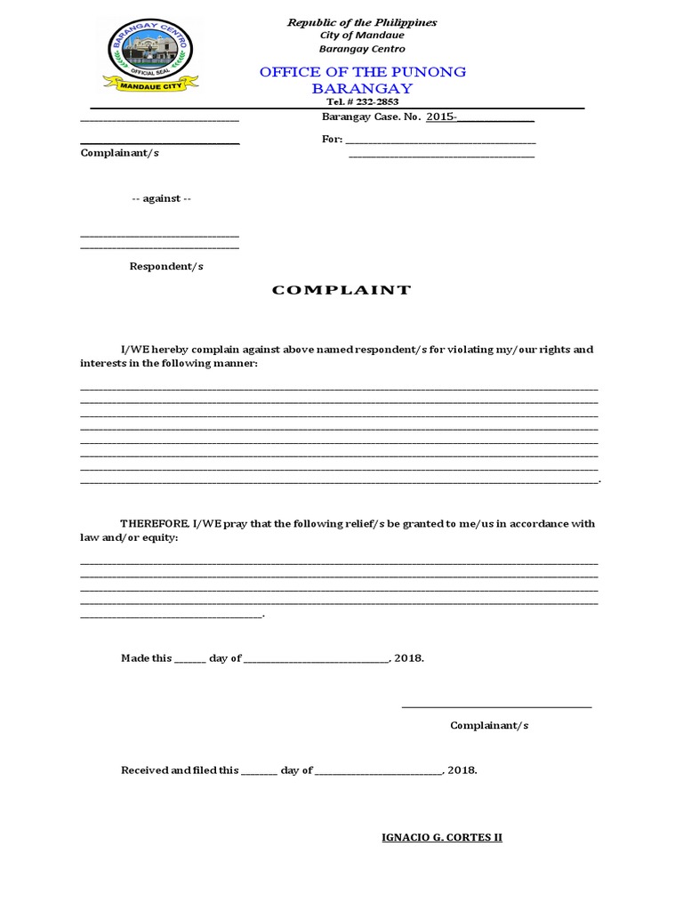 Office of The Punong Barangay: Complaint | PDF | Virtue | Judiciaries