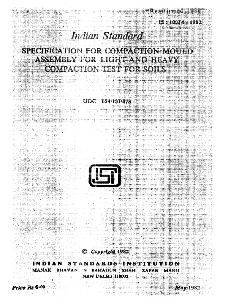 IS 10074-1982 Light & Heavy Compaction Test For Soil - R | PDF | Hertz ...