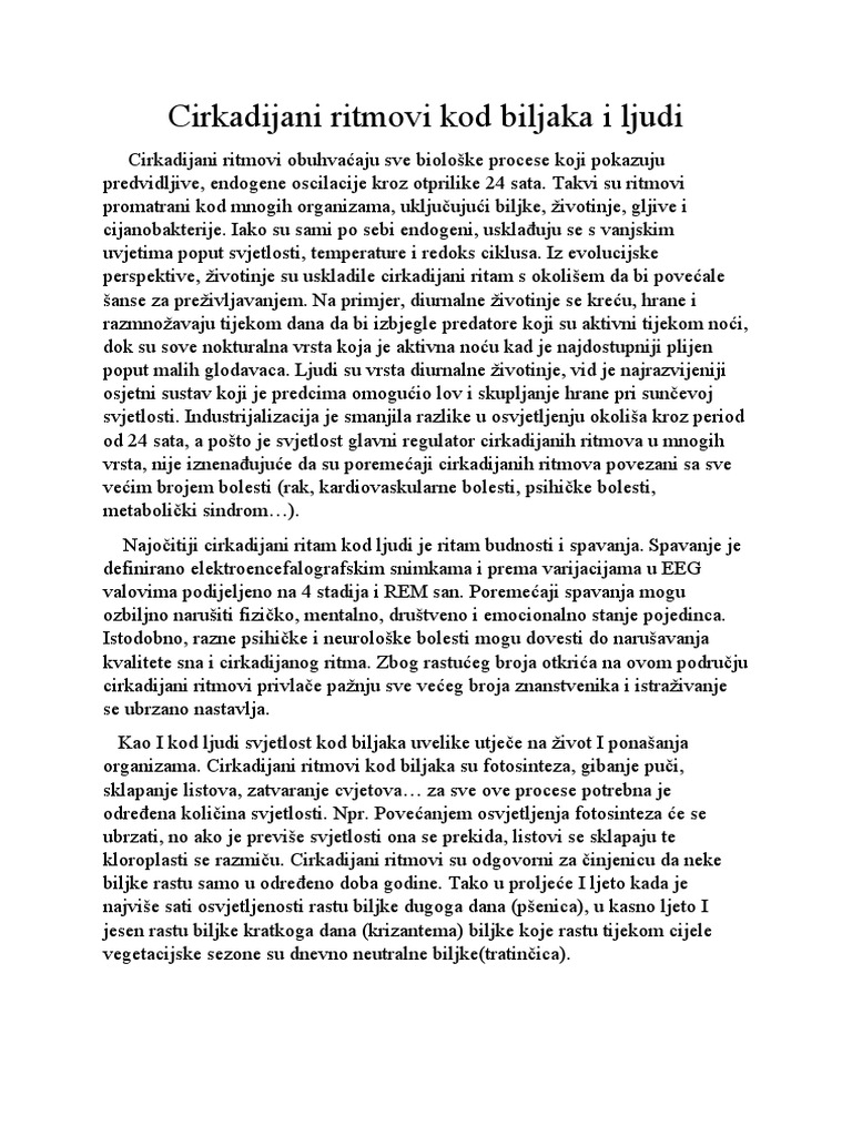 Cirkadijani Ritmovi Kod Biljaka I Ljudi | PDF