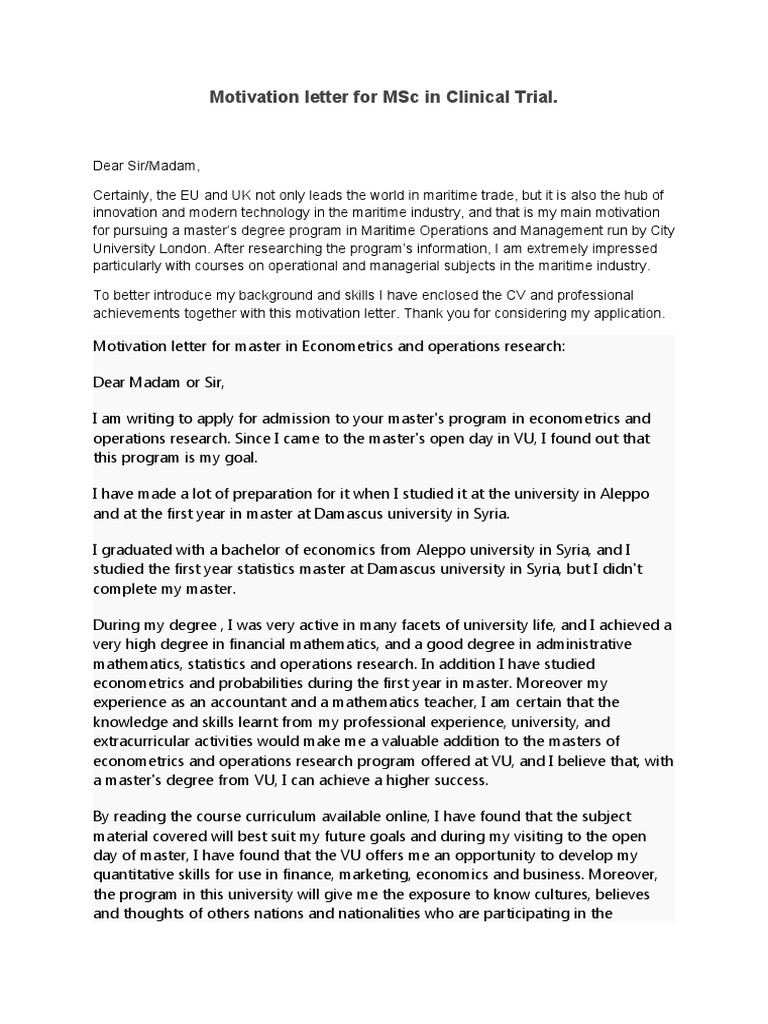 Motivation Letter For MSC Sample | PDF | Master's Degree | Economics